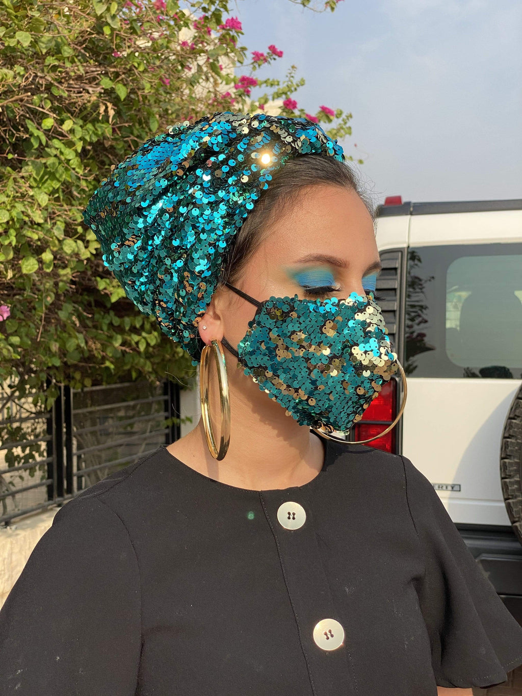 Turban Sequin (Designer Mask Included) - Turquoise Set – Turbansstuff